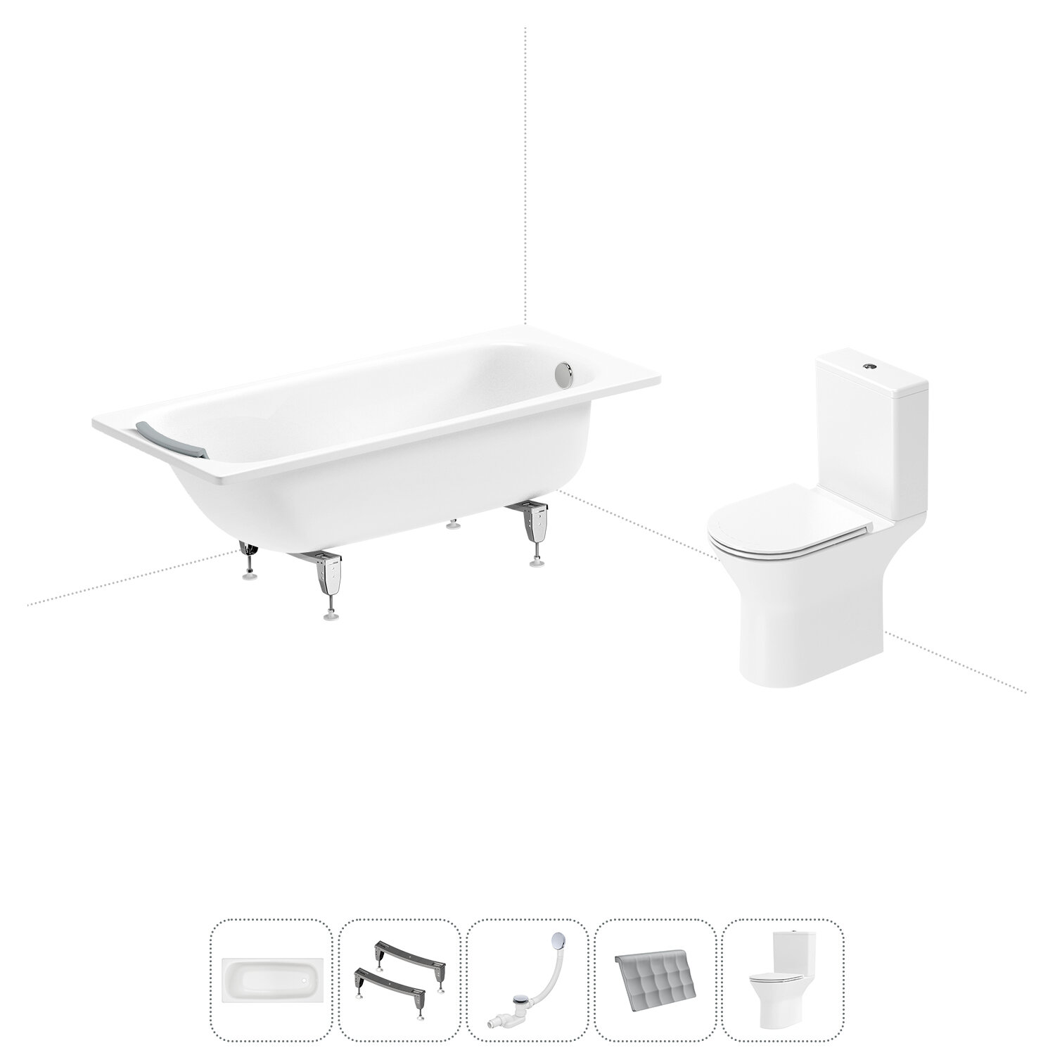 Стальная ванна 160х70 Sanitana BLB Universal 20220709R в наборе 5 в 1: металлическая ванна 160 х 70 см с шумоизоляцией, ножки, слив-перелив, подголовник, унитаз