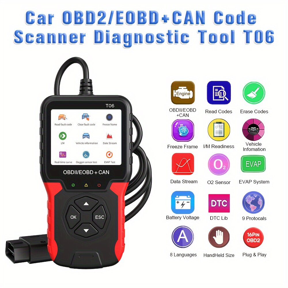 1 шт. OBD2/E0BD+CAN Диагностический Сканер, Питание от USB, Макс. напряжение 36В, Сканер ошибок двигателя с функцией сброса, Совместим со всеми автомобилями после 1996 года, 8 языков, 9 протоколов,