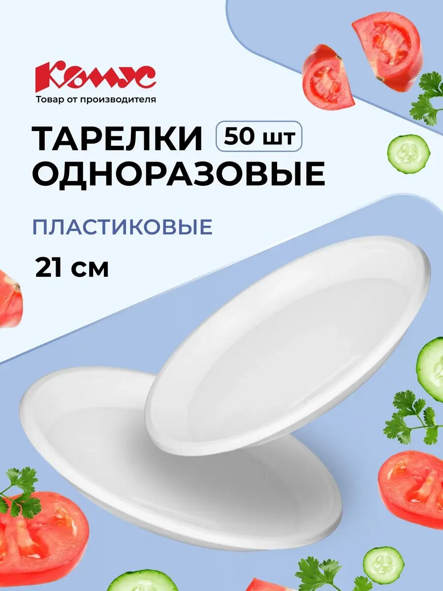 Тарелки одноразовые, 21 см, 50 шт, белые