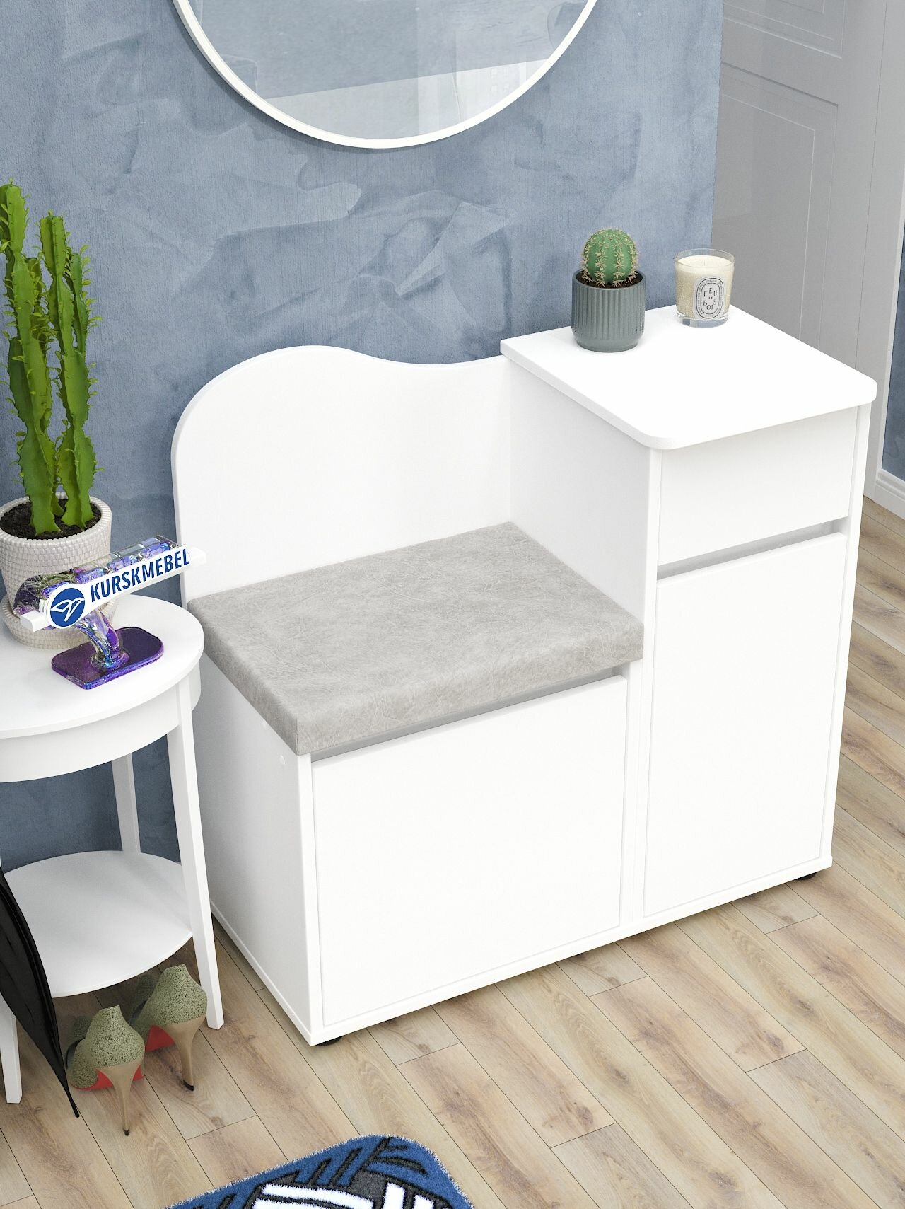 Обувница курскмебель №32, ЛДСП, с сиденьем, роликовые направляющие, белая