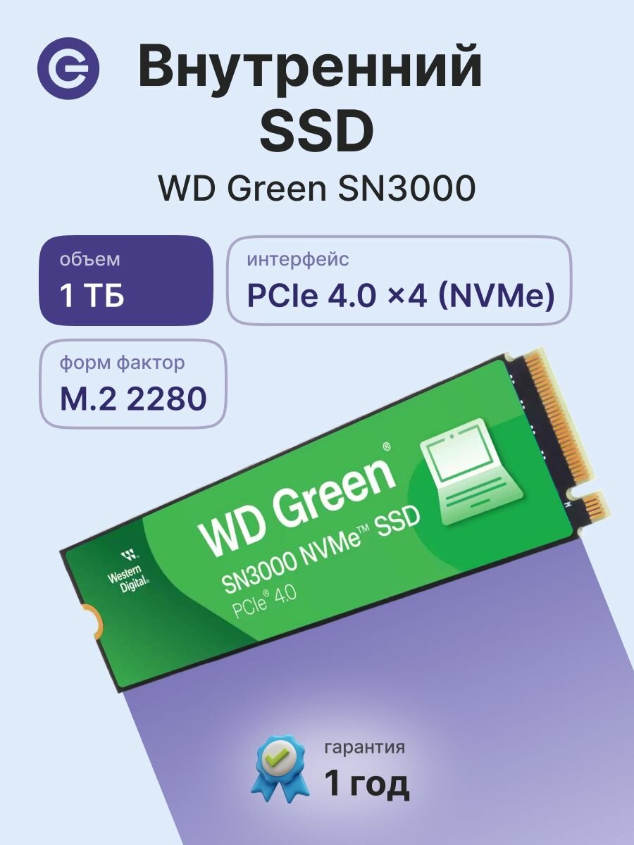 Внутренний SSD диск WD Green SN3000 1000GB, M.2 (WDS100T4G0E)