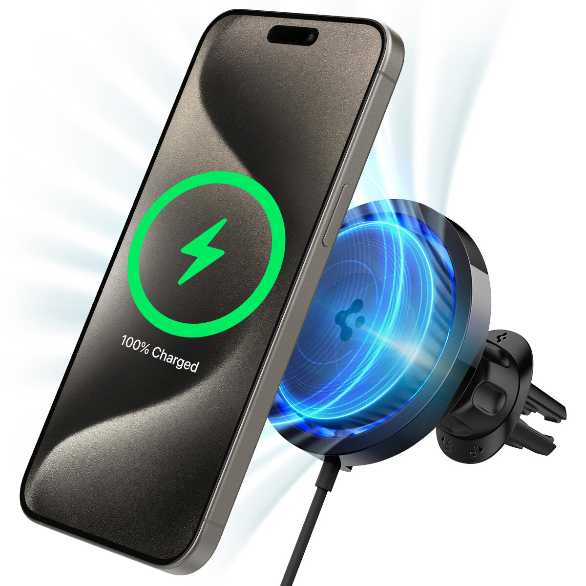 Автодержатель с зарядкой Spigen на iPhone MagSafe (ACP07082) OneTap Pro 3 Cryomax Wireless Charger (Air Vent) / Спиген автомобильный держатель для Айфон МагСейф, черный