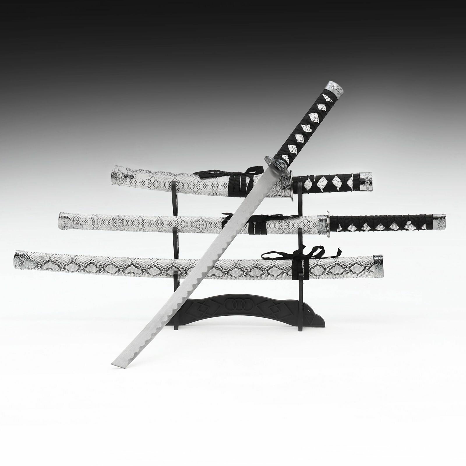 Сувенирное оружие Катана 3в1 на подставке, ножны кожзам, змея серая 47/70/89см, светлая