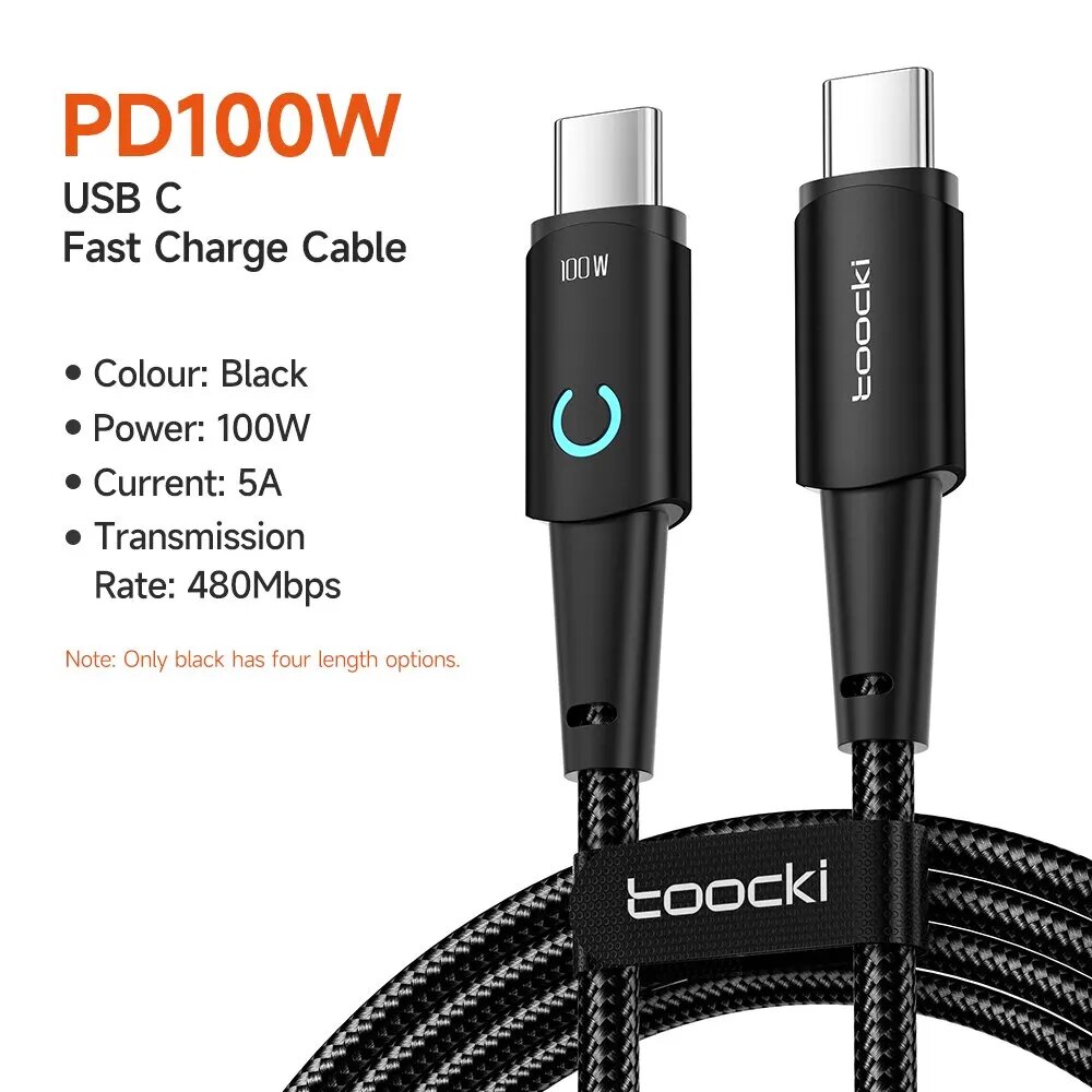 Кабель Toocki с USB C на USB C, 100 Вт 1m, PW 100W Black