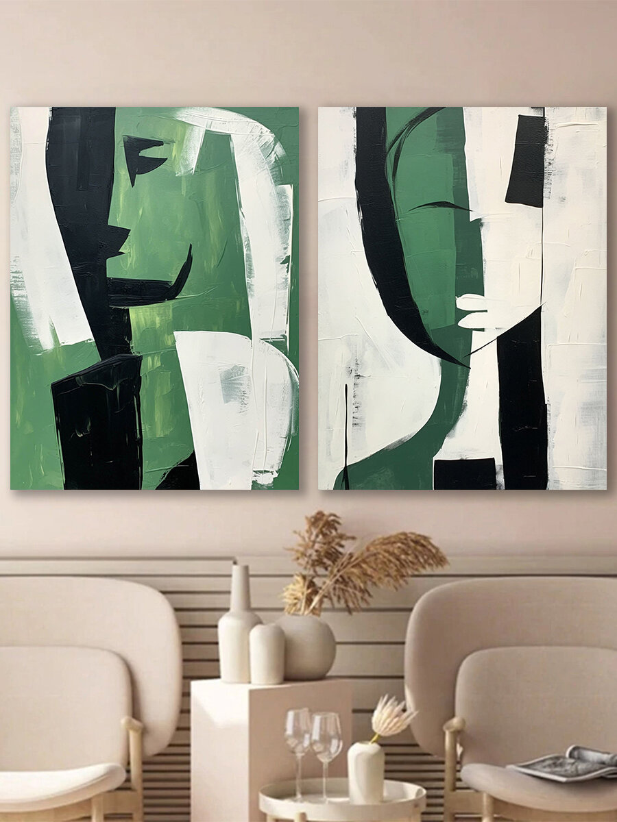 Картина модульная на стену / композиция из 2-х картин, "Зеленая абстракция, минимализм, лица и силуэты", 70х100 см.