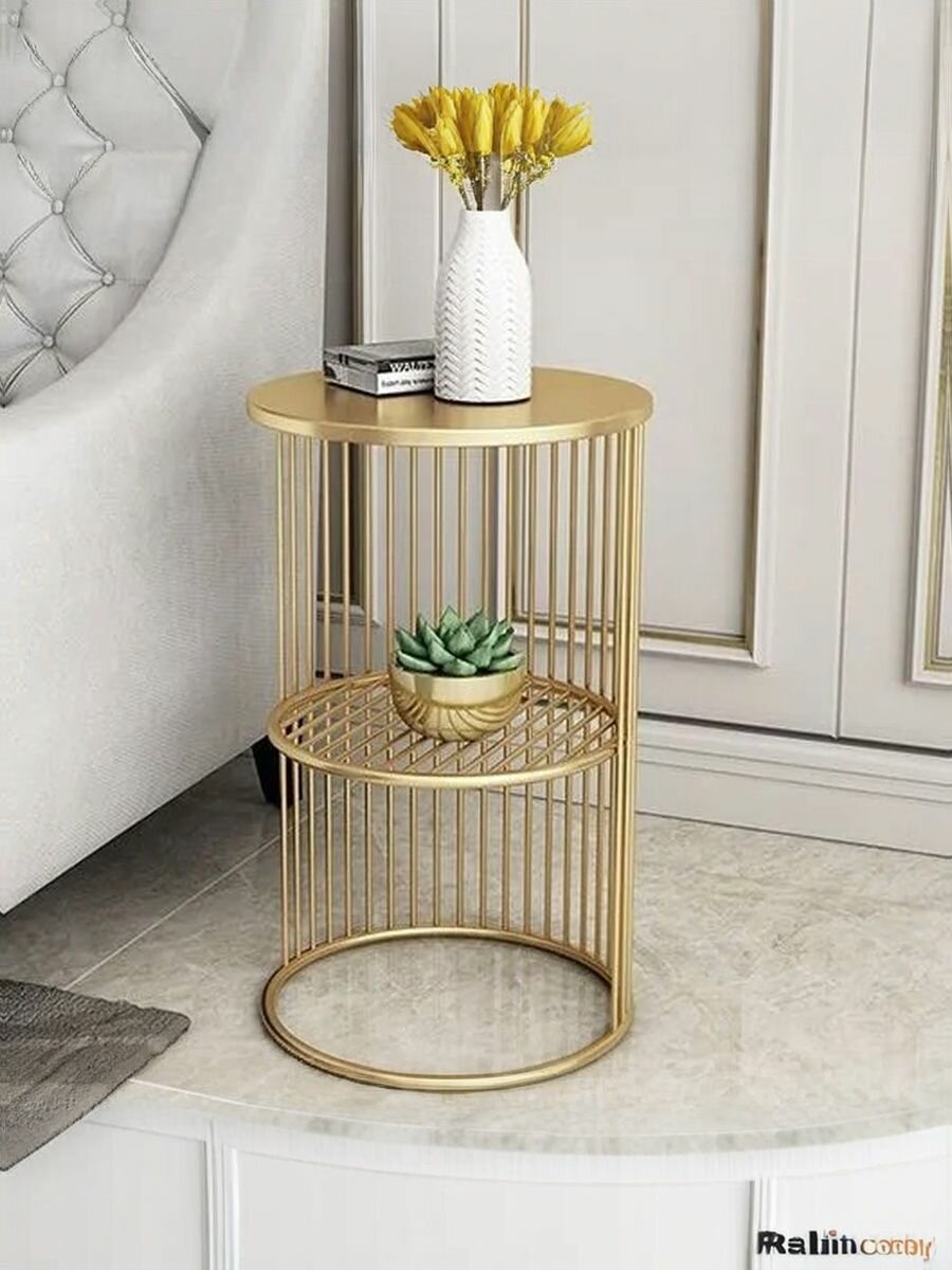 Тумба прикроватная с двумя ящиками 30х30х55 см, скандинавская черная или золотая, угловая круглая тумба-комод для спальни, удобная прикроватная полка для хранения книг и телефона