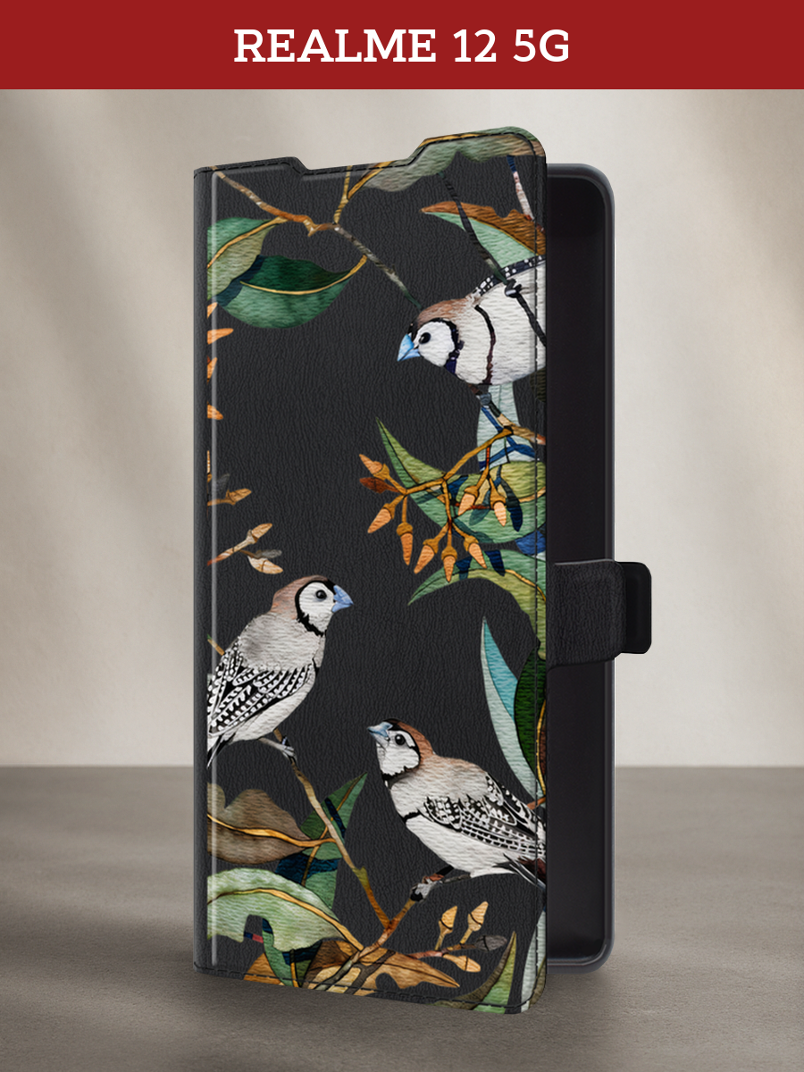 Чехол-книжка на Realme 12 5G/Realme 13 5G / Реалми 12 5G/Реалми 13 5G с принтом Птицы в листве, черный