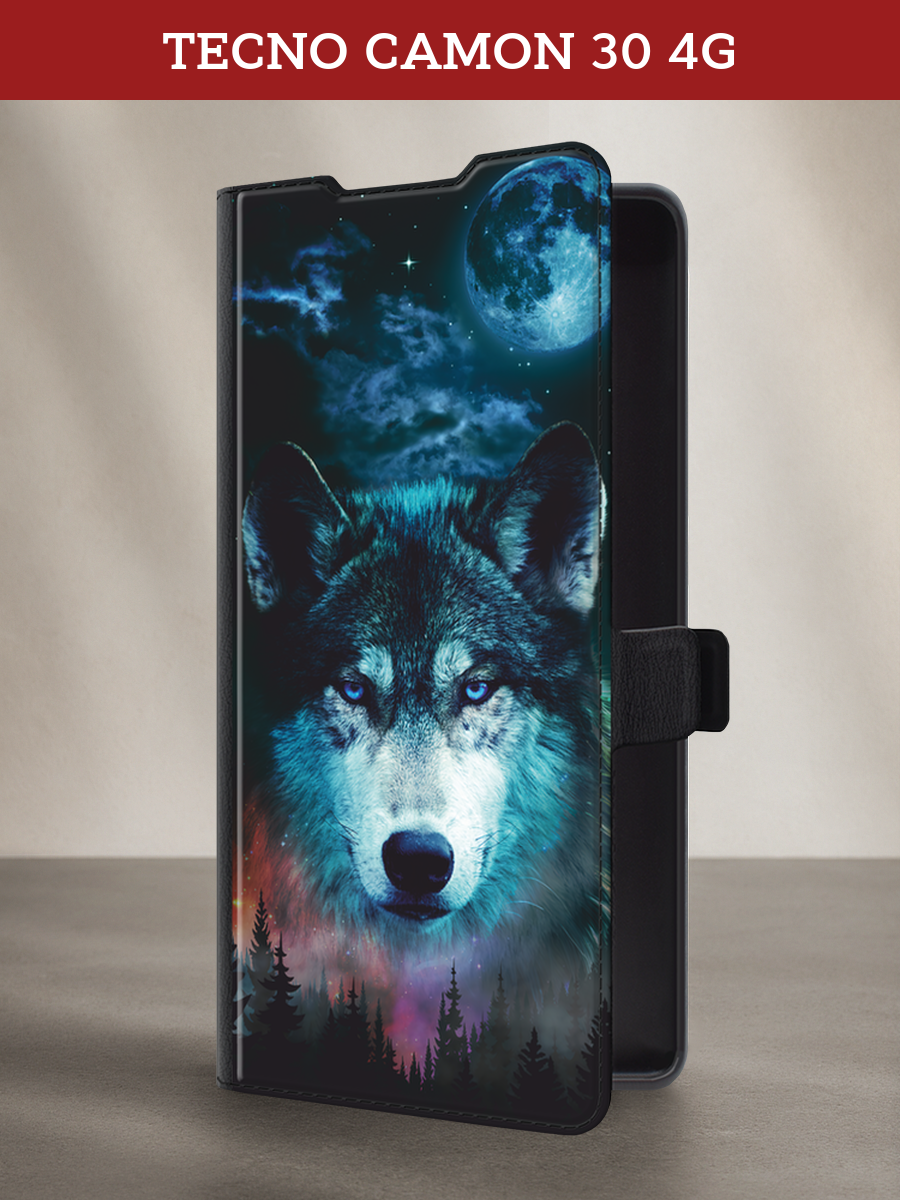 Чехол-книжка на Tecno Camon 30 4G/Tecno Camon 30 5G / Текно Камон 30 4G/Текно Камон 30 5G с принтом Лунный волк, черный