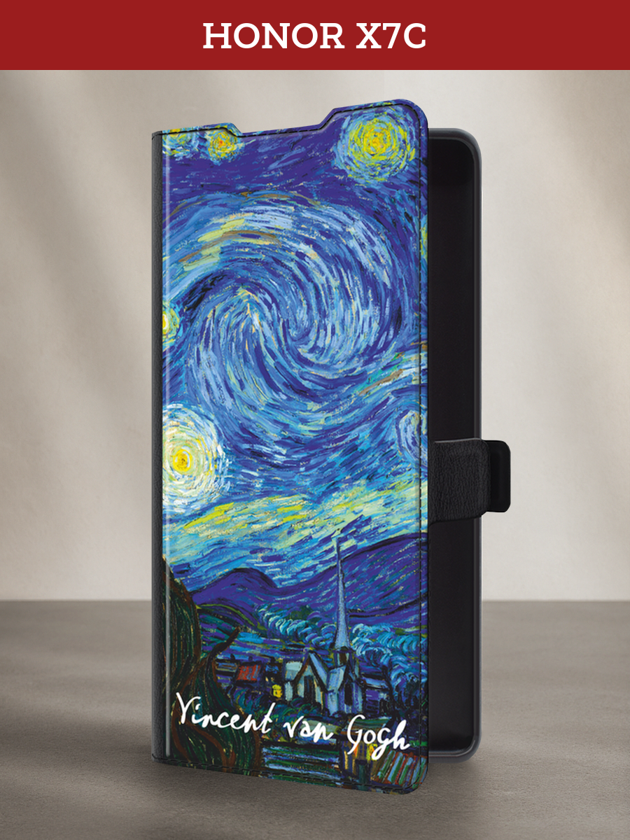 Чехол-книжка на Honor X7C / Хонор X7C с принтом De sterrennacht Vincent van Gogh, черный