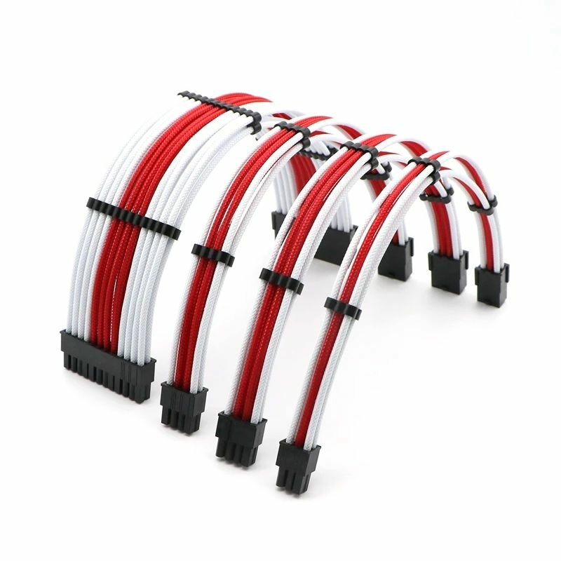 Базовый комплект удлинительных кабелей — удлинительный кабель питания ATX 24Pin с одной оплеткой на 180 градусов, ЦП 4+4Pin, ГП 6+2Pin, ГП 6Pin.