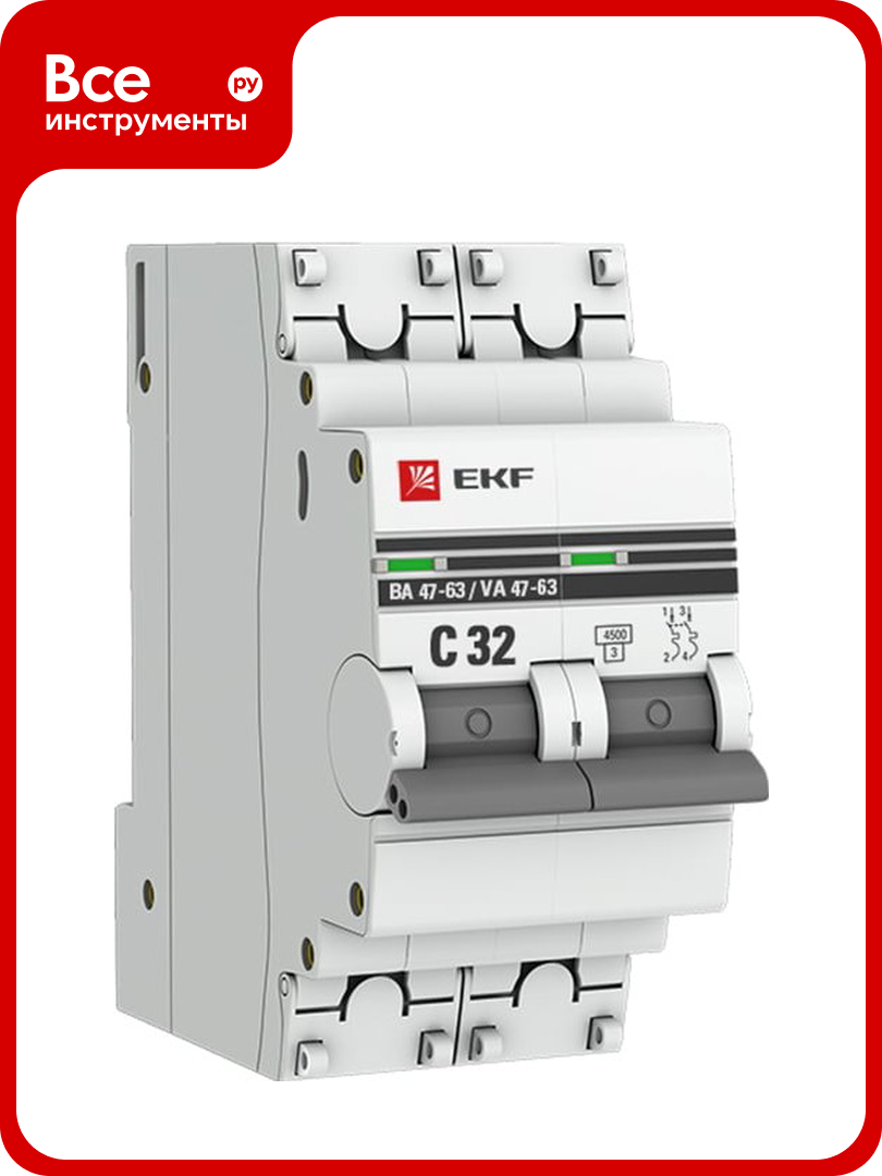 Автоматический выключатель EKF 2P 32А (C) 4,5kA ВА 47-63 PROxima mcb4763-2-32C-pro, 400 В, пластик