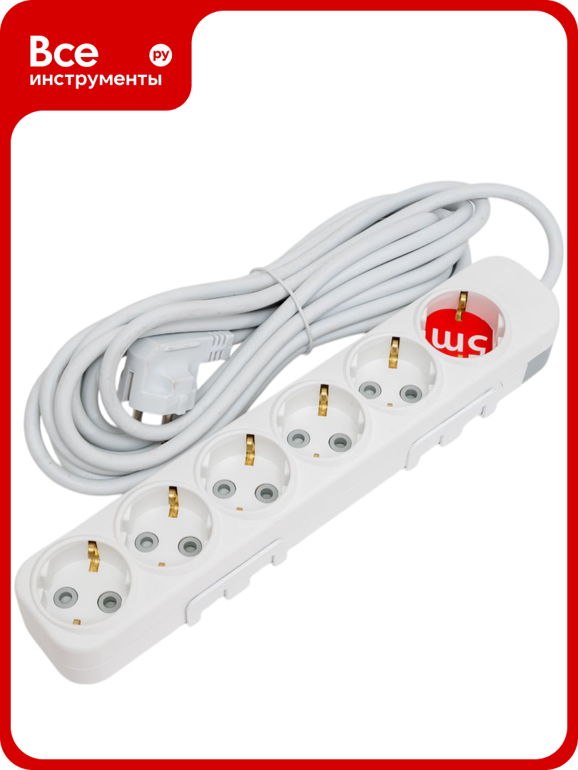 Удлинитель ELBI Myra с заземлением, 6 гнезд, с защитными шторками, 5м, 3x1,5 527-010205-621
