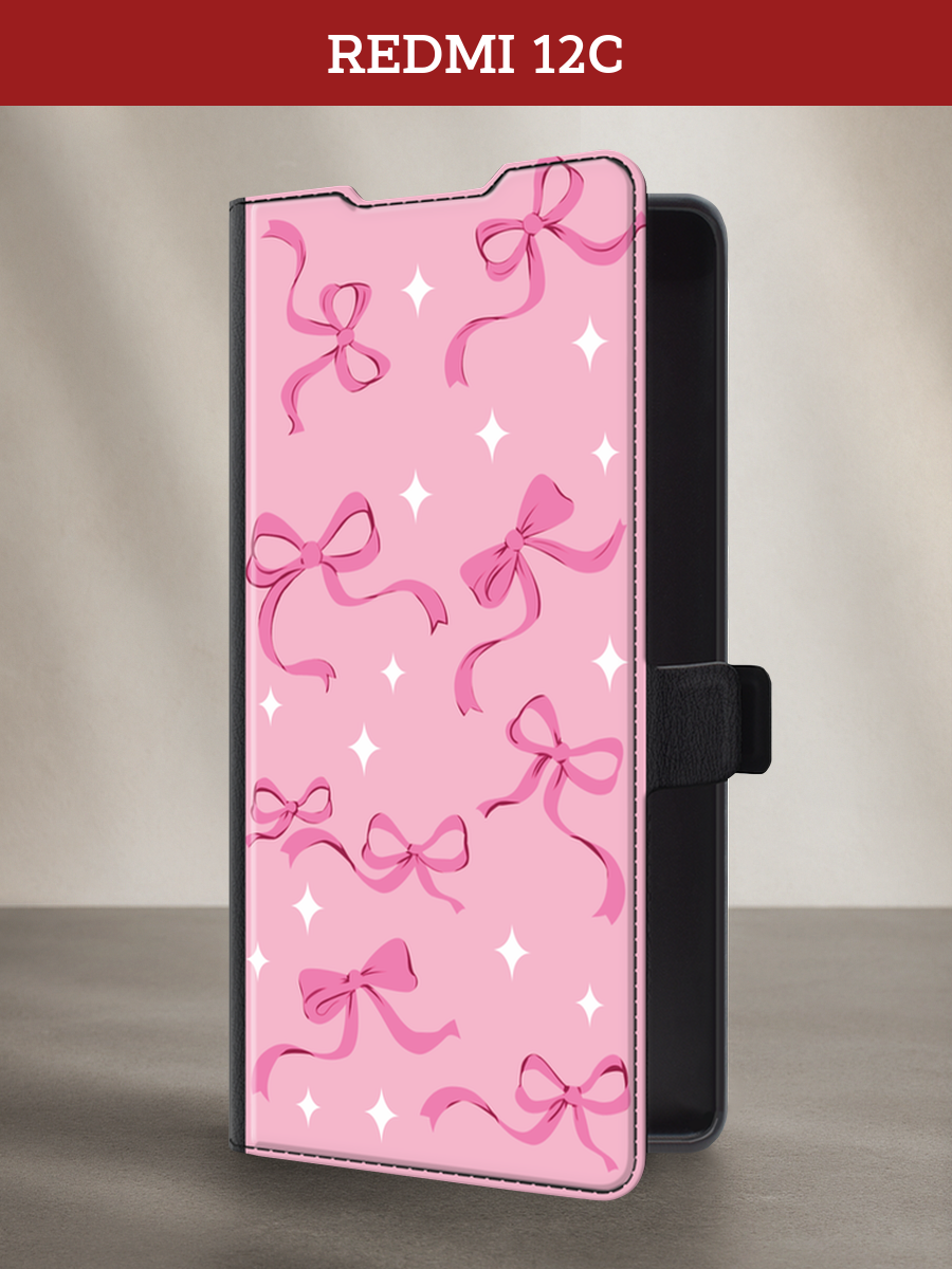 Чехол-книжка на Redmi 12C/Poco C55 / Редми 12С/Поко С55 с принтом Розовые бантики, черный