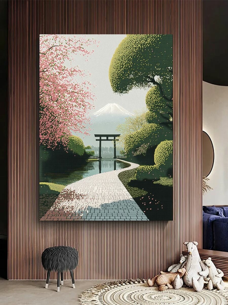 Картина на стену для интерьера - "Пейзаж в японском стиле / гора Фудзи и сакура" , 20х30 см.