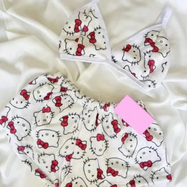 Пижама Hello Kitty с изображением спящего персонажа из мультфильма, семейный отдых, женская пляжная одежда, комплект из 2 предметов, лето, Размер: L
