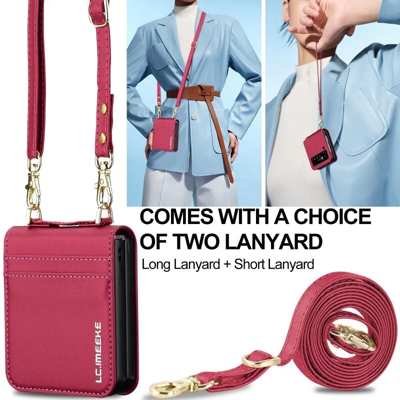 Чехол для телефона Samsung Galaxy Z Flip 7 6 5 4 3 Flip6 Flip5 Flip4 с длинным ремешком, кожаный кошелек, чехол для карт, сумка через плечо, задняя сумка