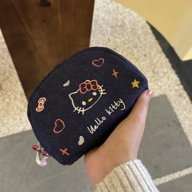 Sanrio милая джинсовая косметичка Hello Kitty с милым вышивкой, сумка для хранения помады, портативная сумка для хранения большой емкости для девочек