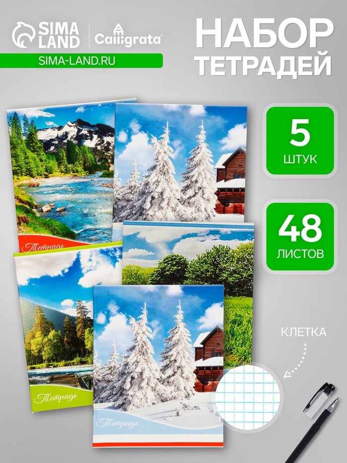 Комплект тетрадей 5 штук, 48 листов в клетку Calligrata Времена года, обложка мелованный картон, блок офсет