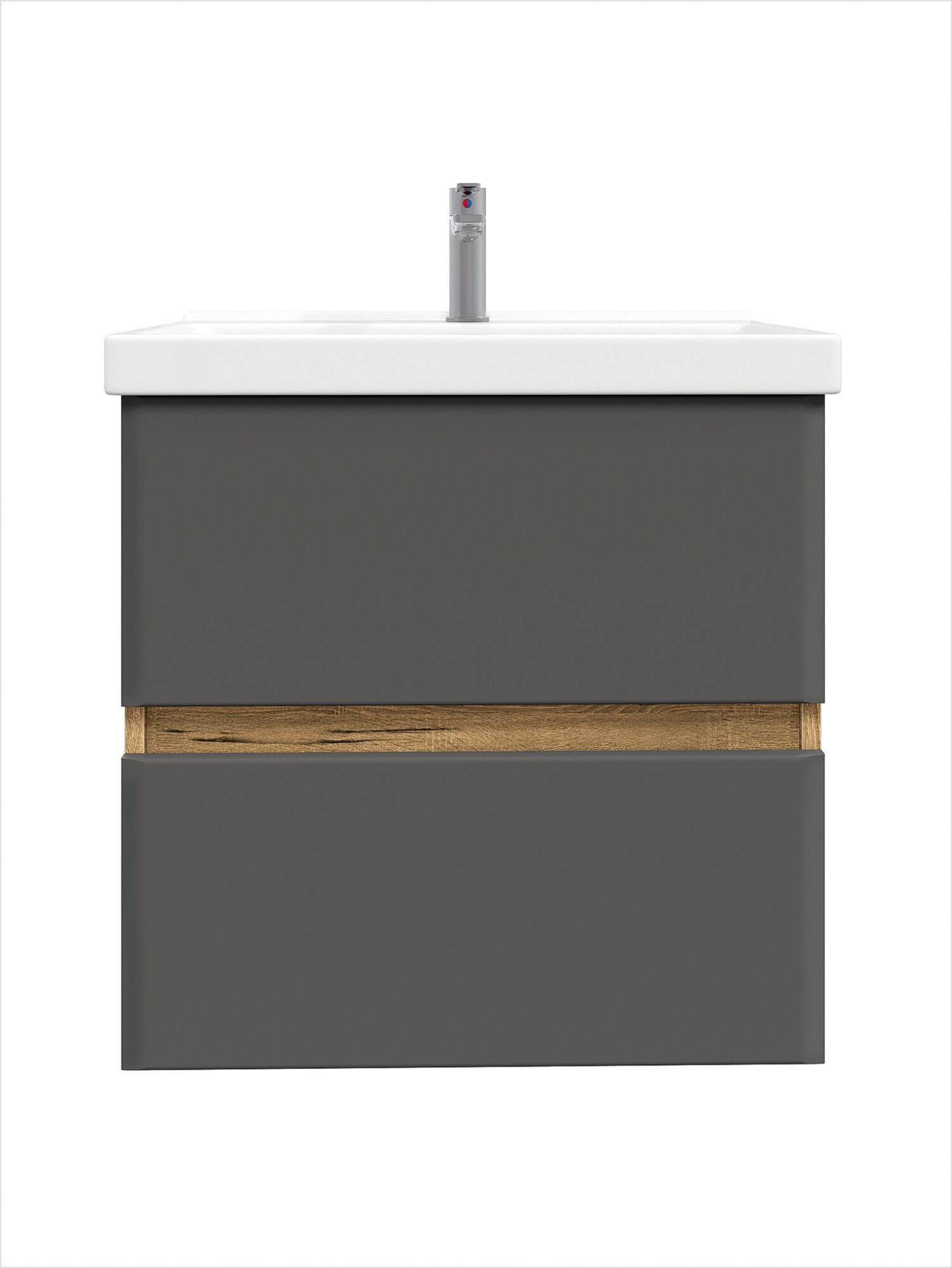 Тумба подвесная Vannika Kanna 60 с раковиной Фест 60 для ванной комнаты, дуб вотан, графит софт
