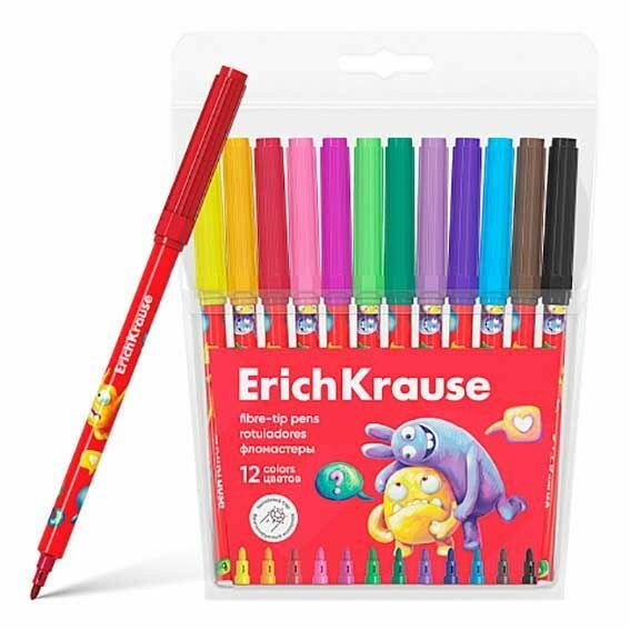 Фломастеры Erich Krause 12 цветов, "Jolly Friends", футляр, европодвес