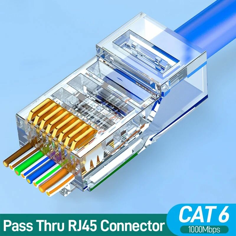 Разъем RJ45, проходной, CAT6A, CAT6 50U, позолоченный, модульный, для кабеля Ethernet UTP STP 23-26AWG, одножильный или многожильный