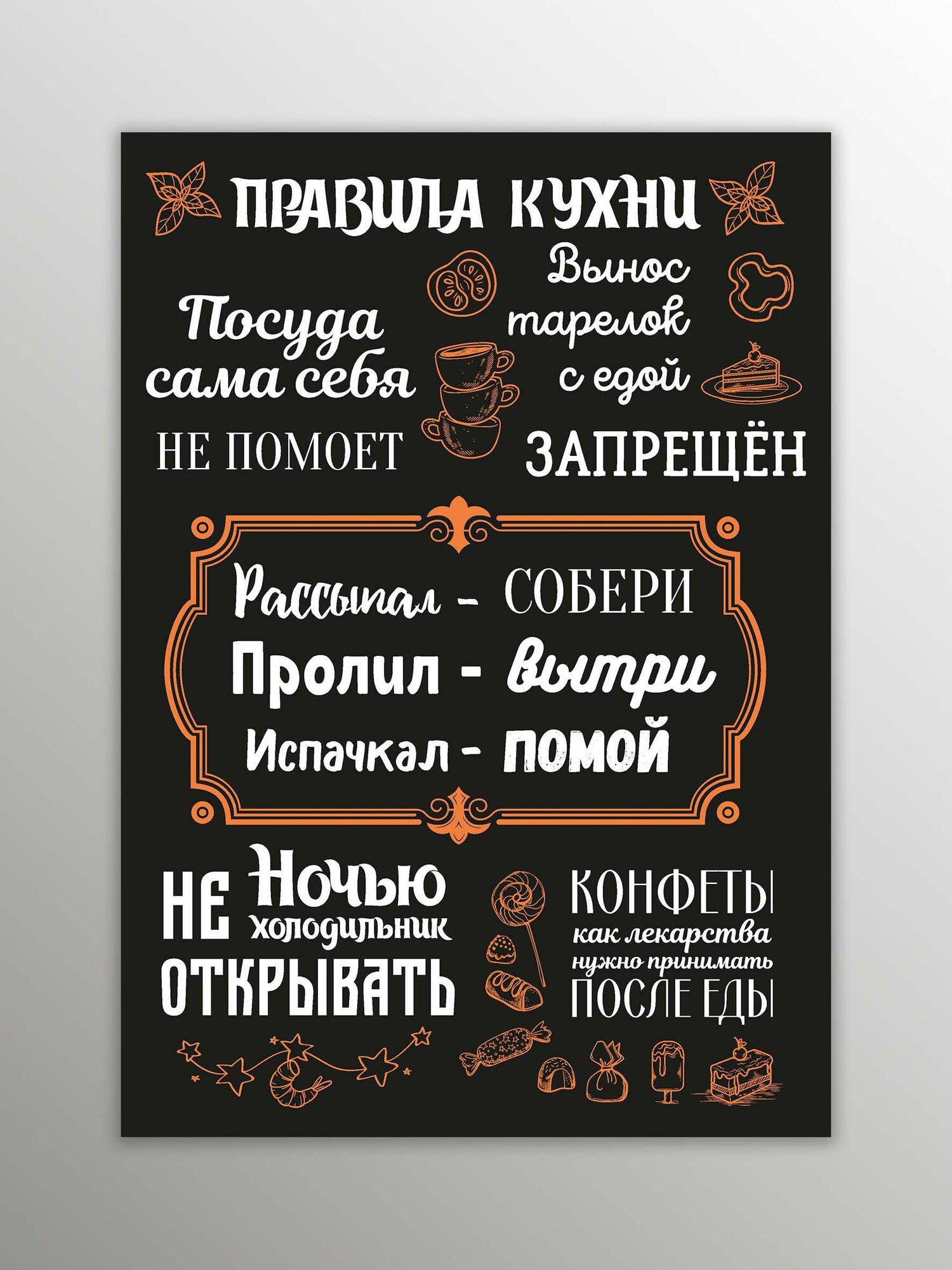 Магнит на холодильник Правила кухни, черный, 21х30 см, Порадуй