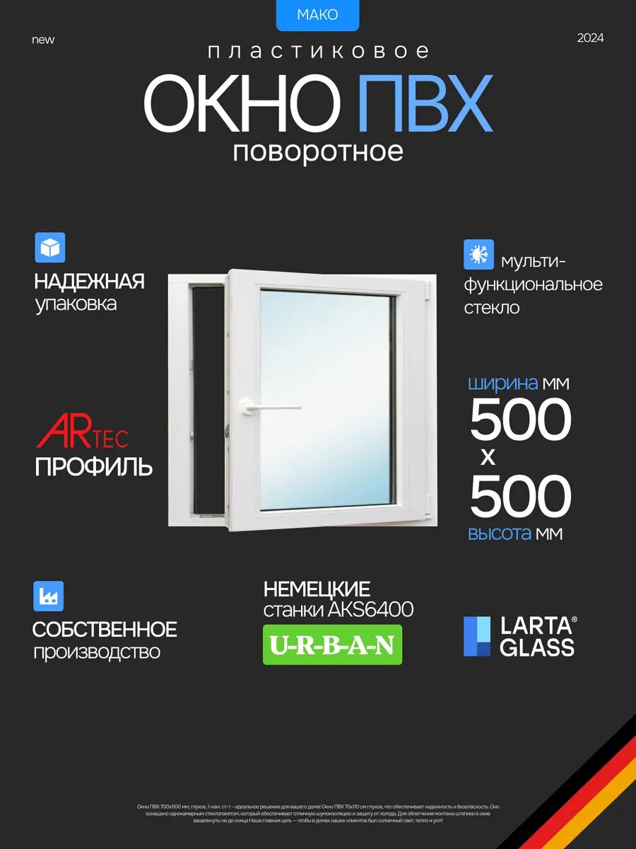 Окно пластиковое 50 х 50 поворотное правое ПВХ белое энергосберегающий однокамерный стеклопакет