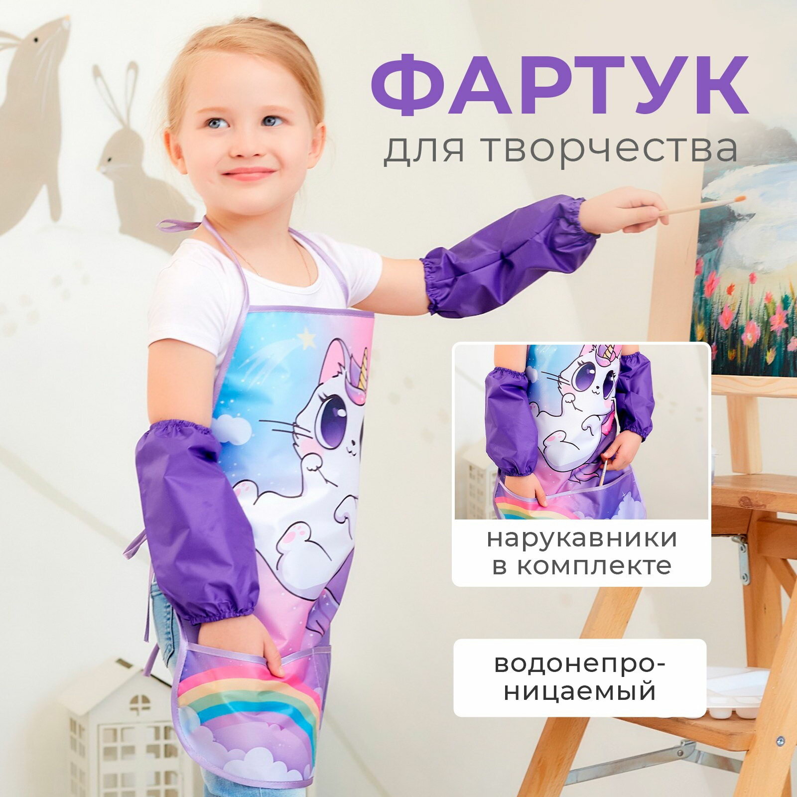 Фартук детский с нарукавниками "Этель. Котик", 49x39 см, сезон: весна