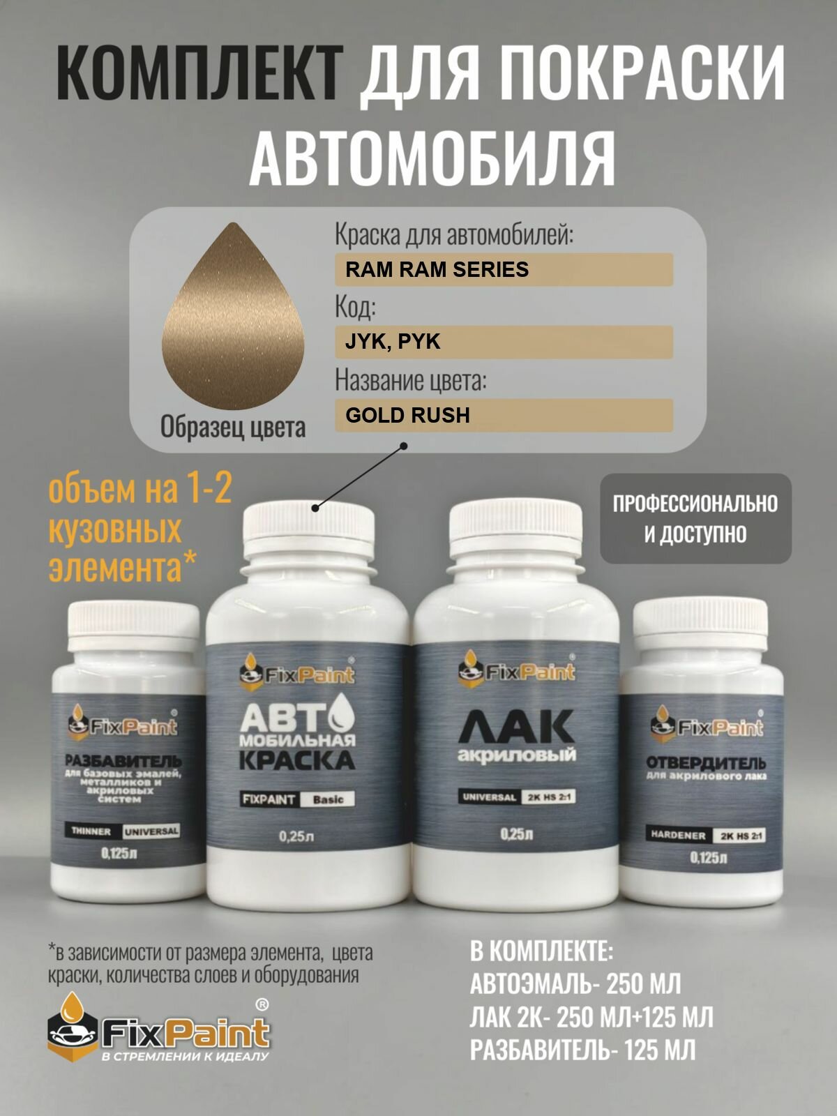 Комплект для покраски RAM RAM SERIES, код JYK, PYK, GOLD RUSH, базовая автомобильная краска 250 мл, лак 2K 250 мл с отвердителем, разбавитель 125 мл, FixPaint Pro