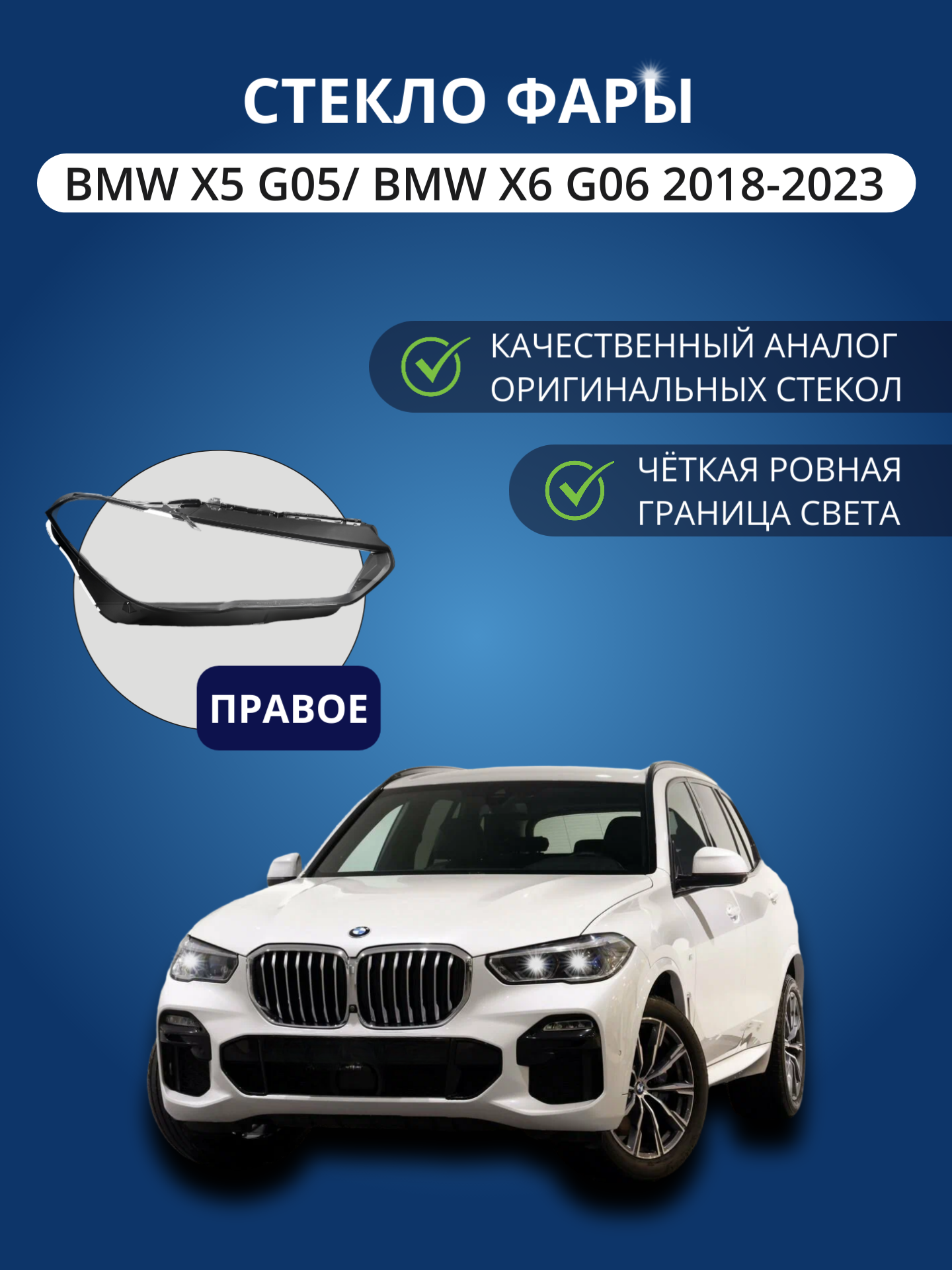 Стекло фары GNX для BMW X5 G05, X6 G06 (2018-2023), правое, поликарбонат
