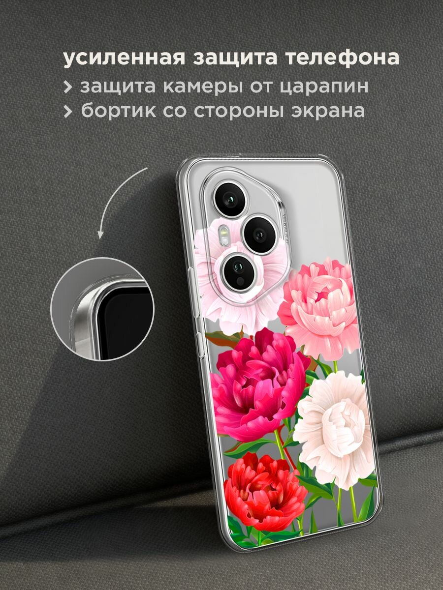 Чехол на Honor 400 Pro / Хонор 400 Про с принтом "Большие пионы", прозрачный — фото 1