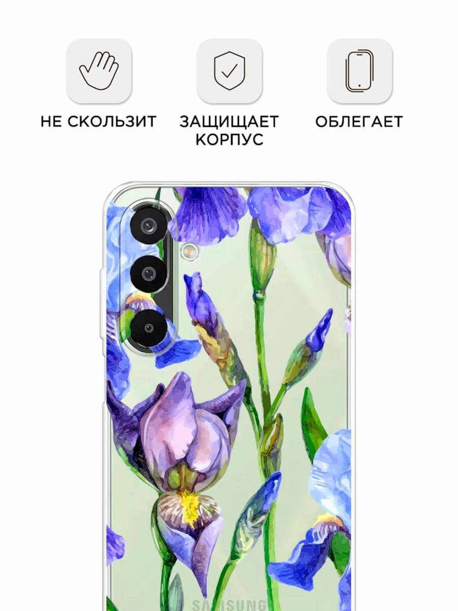 Чехол на Samsung Galaxy M16 / Самсунг Галакси М16 с принтом "Синие ирисы", прозрачный — фото 1