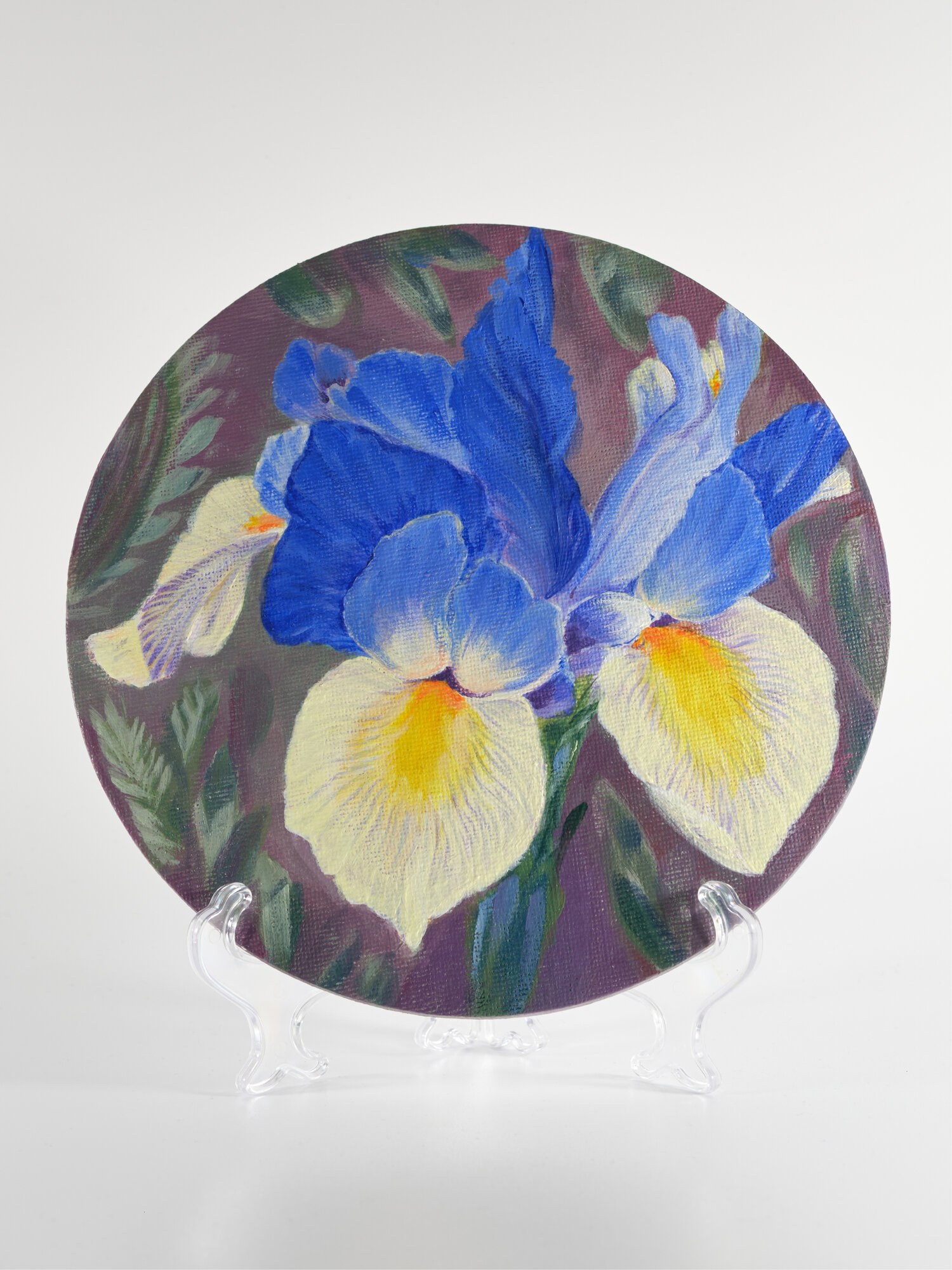 Картина ручной работы "Ирис" круглая, Ø18 см, акрил на холсте с подставкой