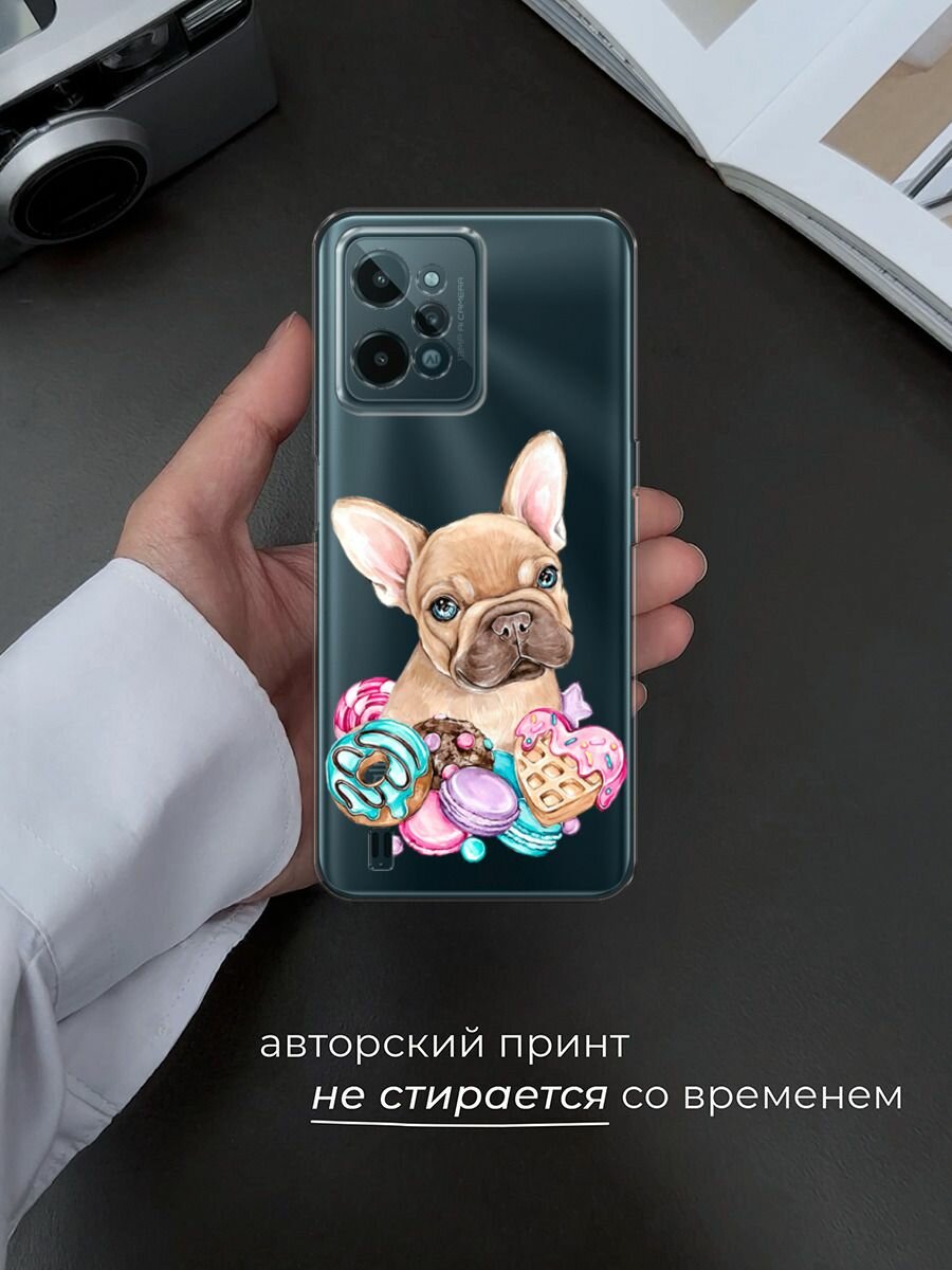 Чехол на Realme C31 / Реалми C31 с принтом "Бульдог и сладости", прозрачный — фото 1