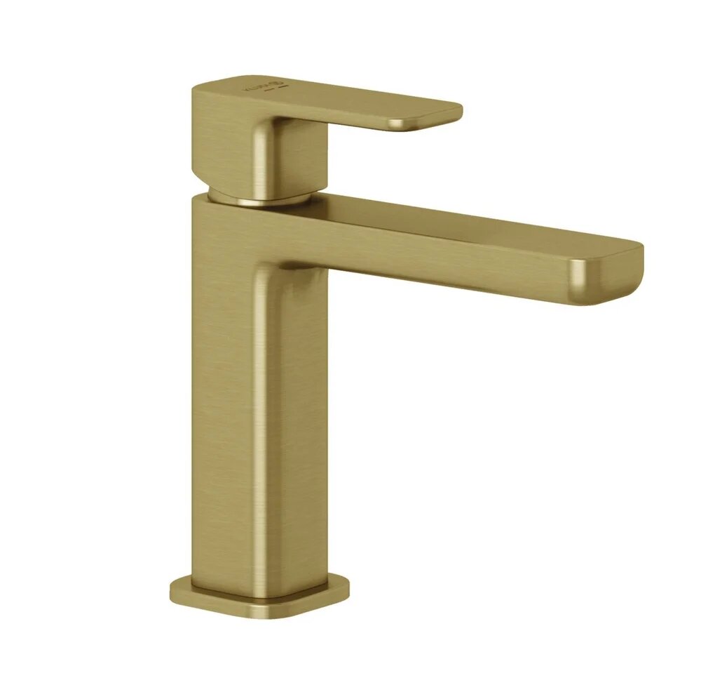 Смеситель для раковины Kludi Renon 42288N075 золотой, кран для ванной в раковину, из латуни, рычажный, с керамическим картриджем, с функцией экономии расхода, с донным клапаном