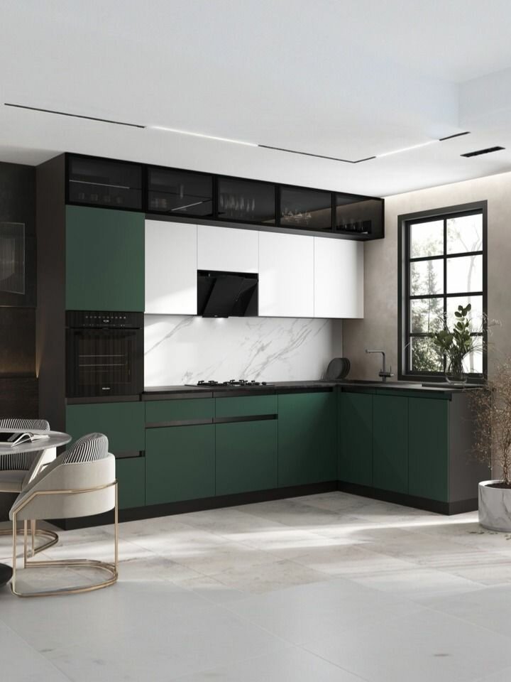 Кухонный гарнитур угловой Техно-6 3м браш вайт/мени грин со столешницей миф