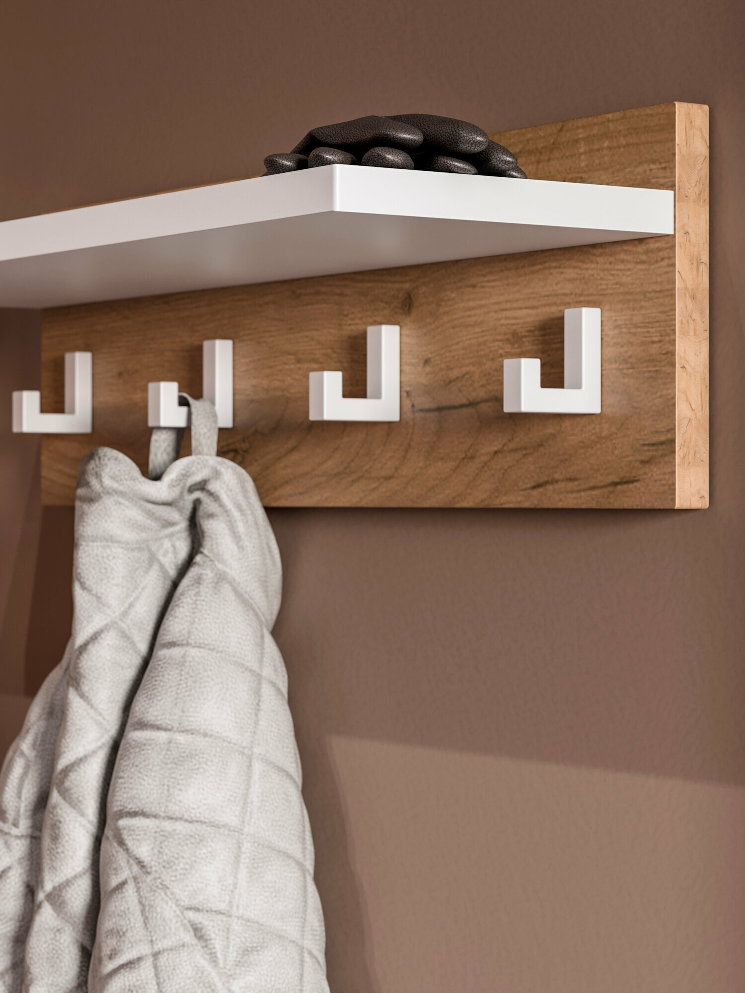 Вешалка настенная в прихожую Крафт, с 4 - мя крючками и полкой.