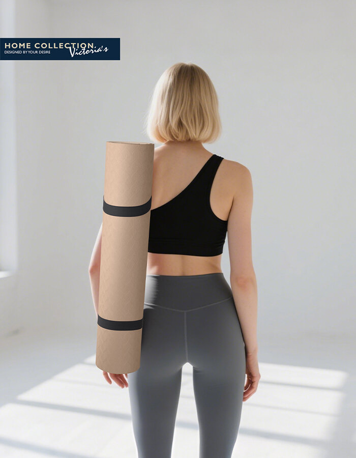 Спортивный коврик для йоги, фитнеса и пилатеса, 58 х 173 см с резинками, бежевый