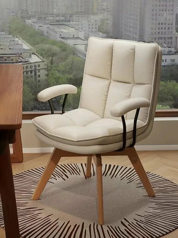 JUNBANG Офисное кресло, Ножки стула (цвет дерева) + кожа (светло-бежевая искусственная кожа)