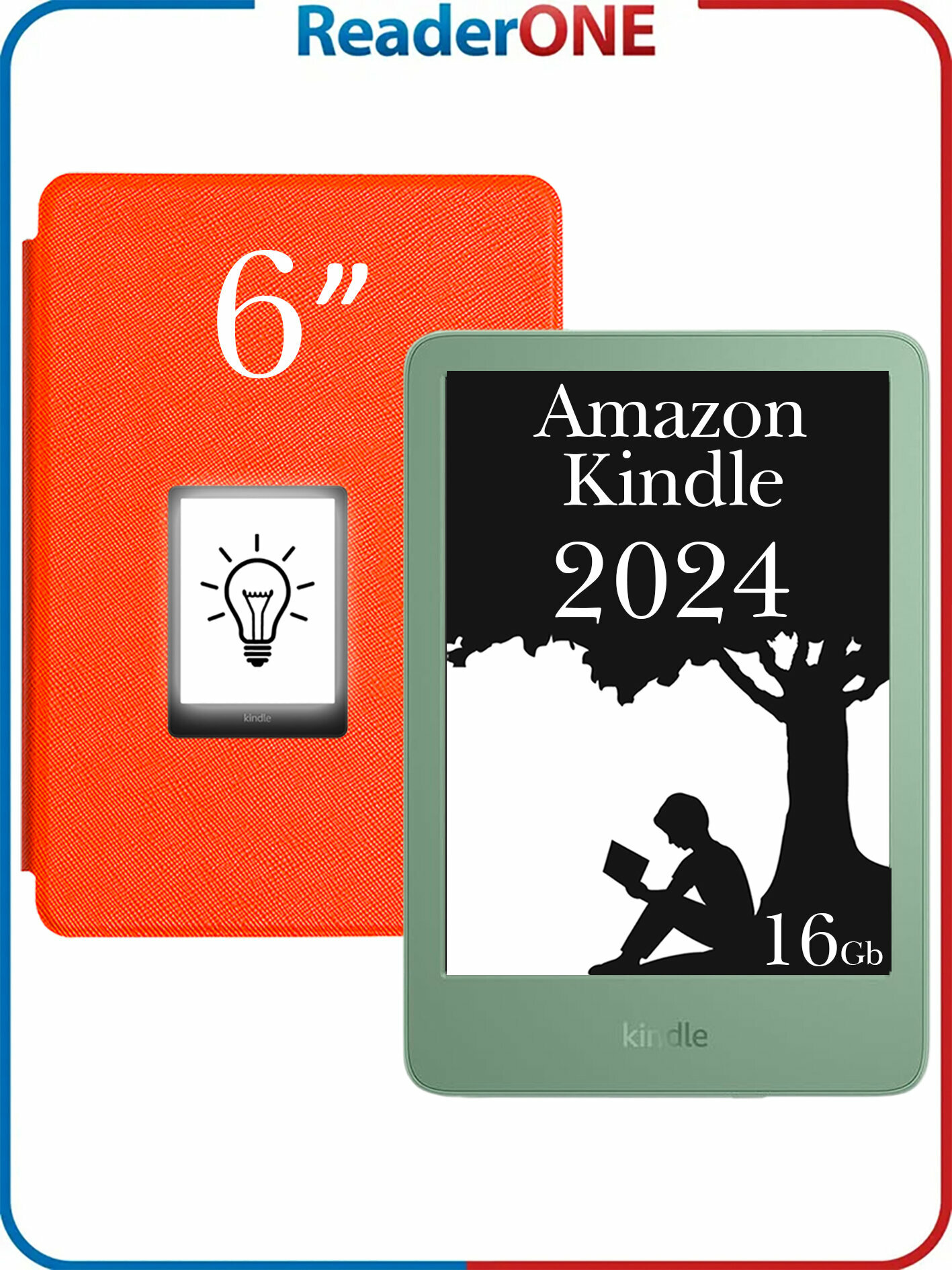 Электронная книга Amazon Kindle 11, 6 дюймов, 2024, 16 Гб, SO, зеленая (Matcha) с обложкой ReaderONE Orange