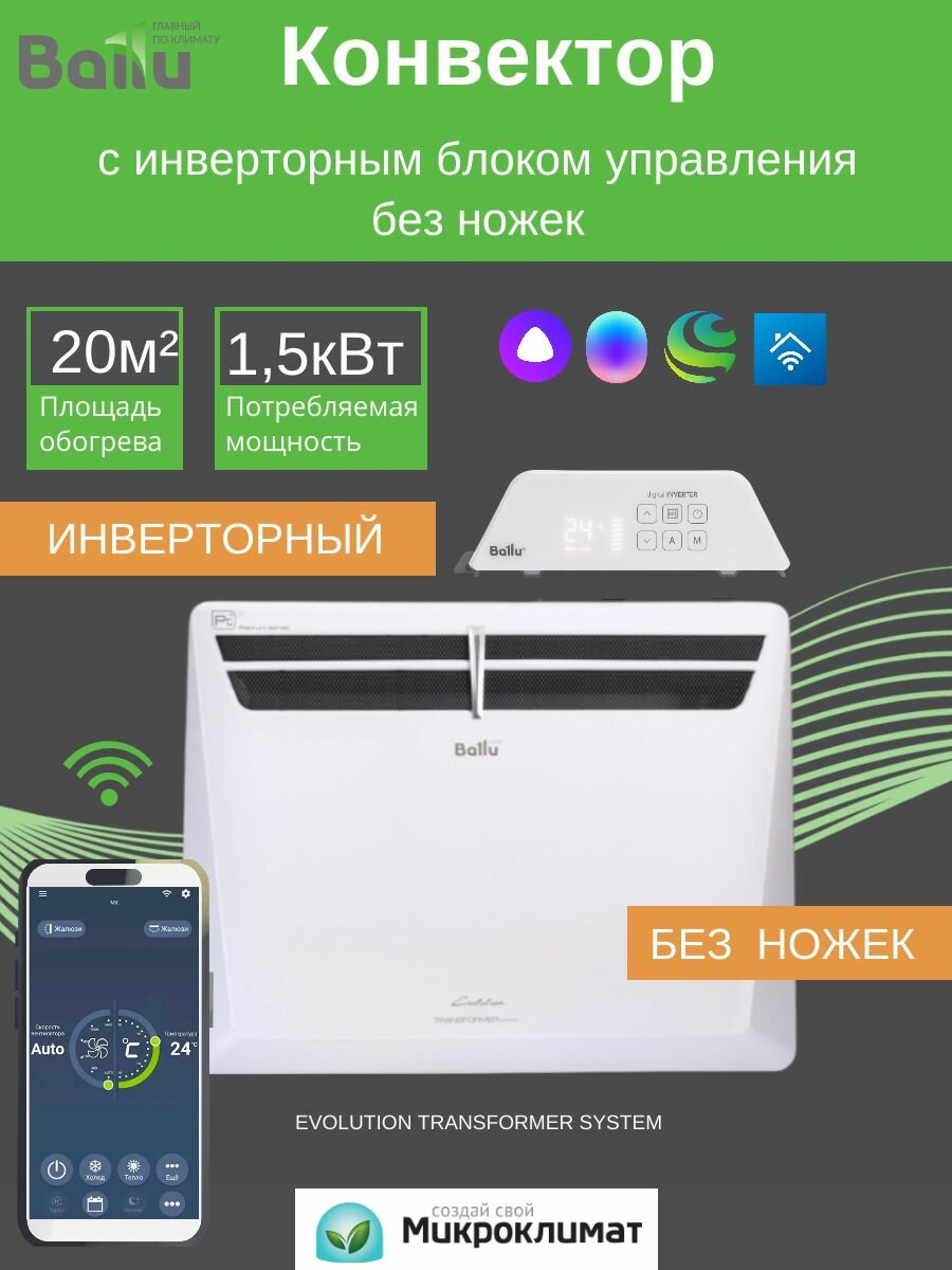 Обогреватель для дома с инверторным блоком и Wi-fi Ballu Evolution Transformer BEC/EVU-1500-4I, настенный электрический конвектор мощностью 1500Вт