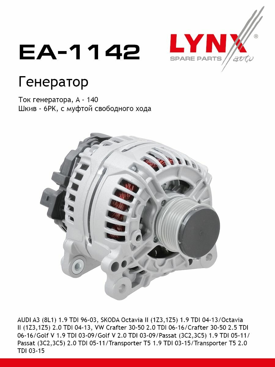 LYNXauto Генератор (140 A, 6PK, с муфтой свободного хода) AUDI A3 (8L1) 1.9 TDI 96-03, SKODA Octavia II (1Z3,1Z5) 1.9 TDI 04-13/ Octavia II (1Z3,1Z5) 2.0 TDI 04-13, VW Crafter 30-50 2.0 TDI 06-16