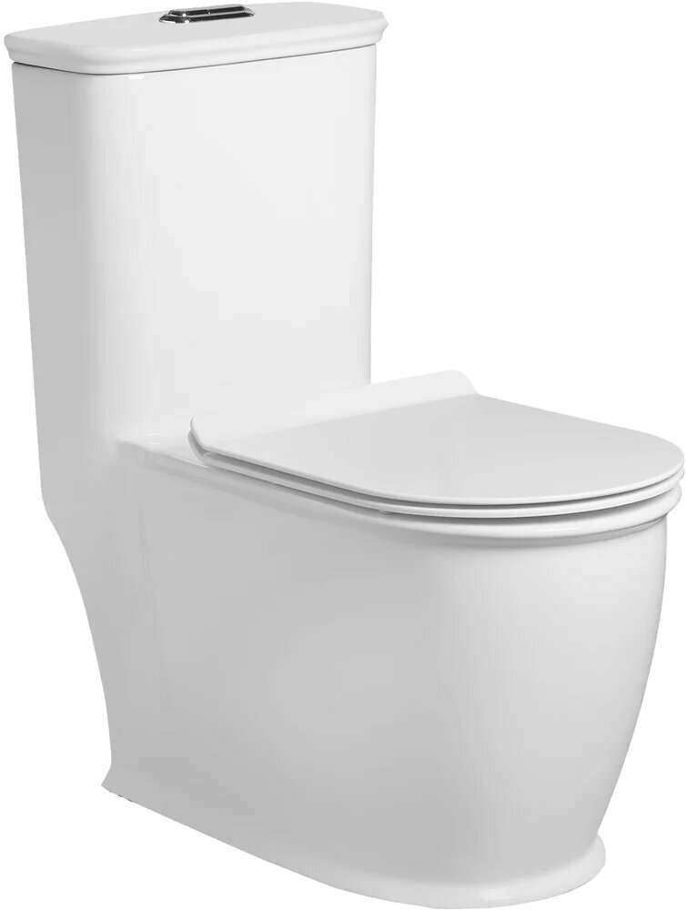 Унитаз-моноблок напольный SantiLine SL-5019 с микролифтом, безободковый, антивсплеск, фаянсовый, белый, глянцевый, овальный, с нижним подводом, сиденье для унитаза в комплекте