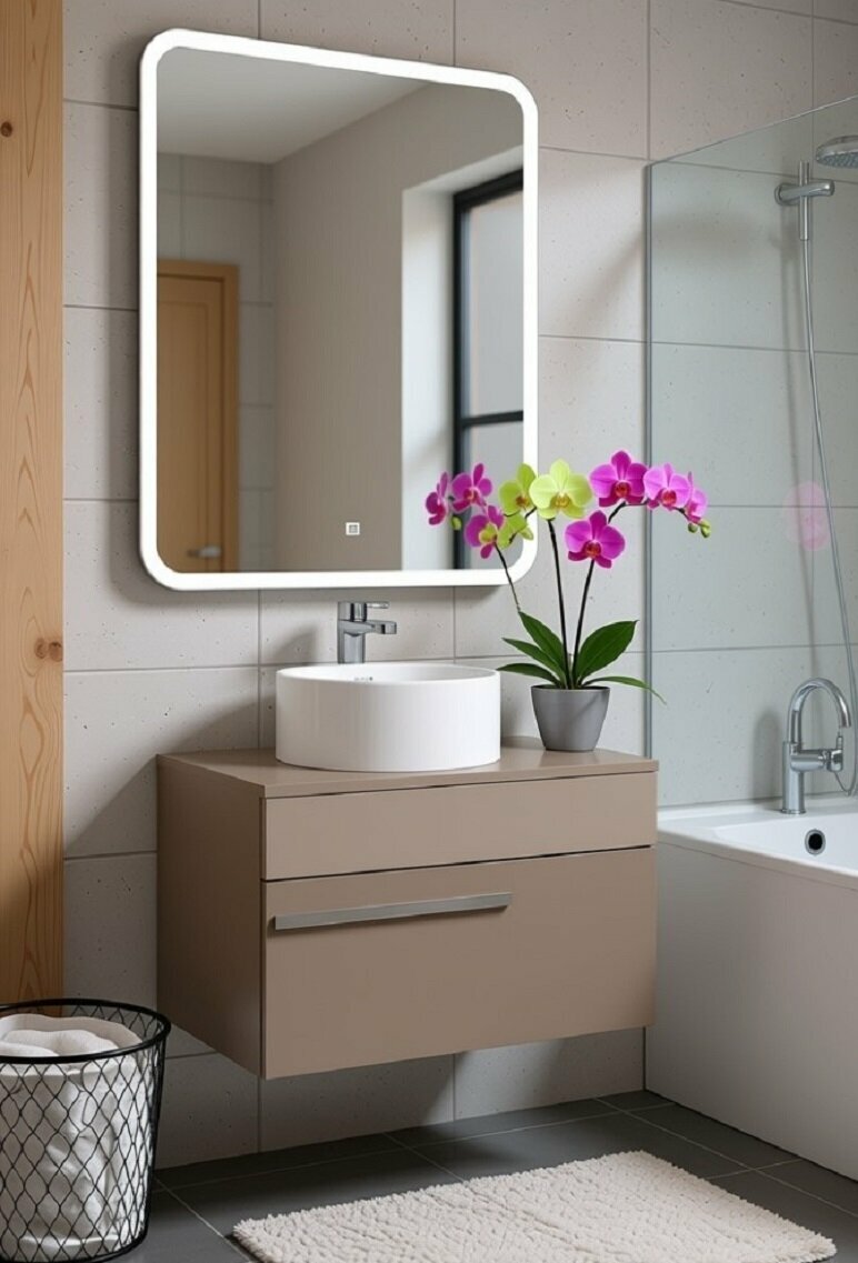 Мебель для ванной Вудлайн 65, розовый-бежевый, раковина Соло, зеркало Руан 60х80