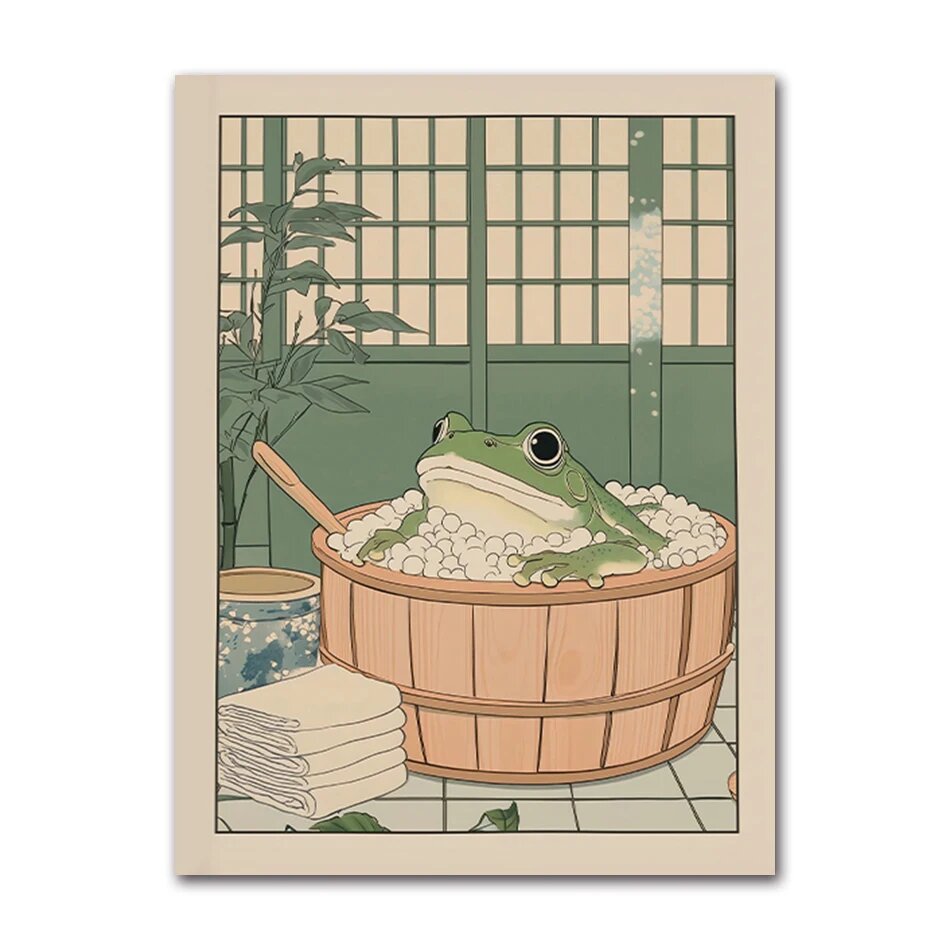 Японская лягушка в ванне, принт, постер, винтажный милый забавный холст с изображением животных, картина для ванной комнаты, домашний декор, подарки без рамы