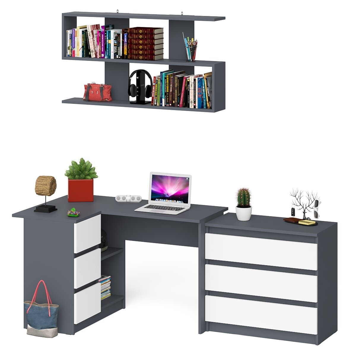 Комод на три ящика с компьютерным столом для работы Мори МС-16 левый и полкой, графит/белый, 204,8х84,9х209,6 см.