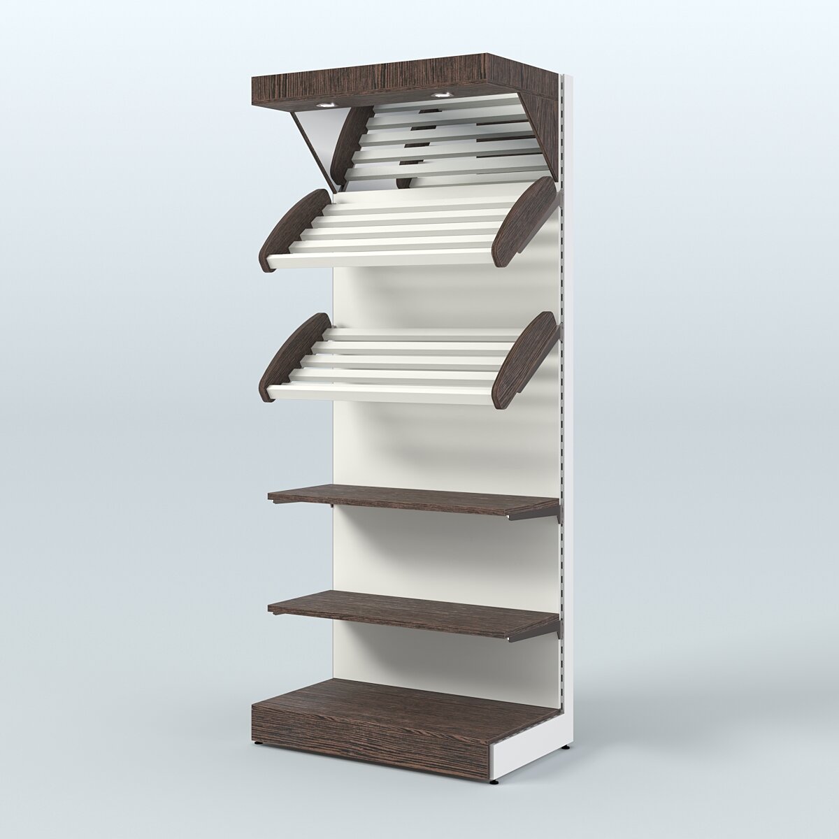 Пристенный стеллаж с полками - корзинами и верхним зеркальным фризом СХФ-02, Дуб Венге + Белый