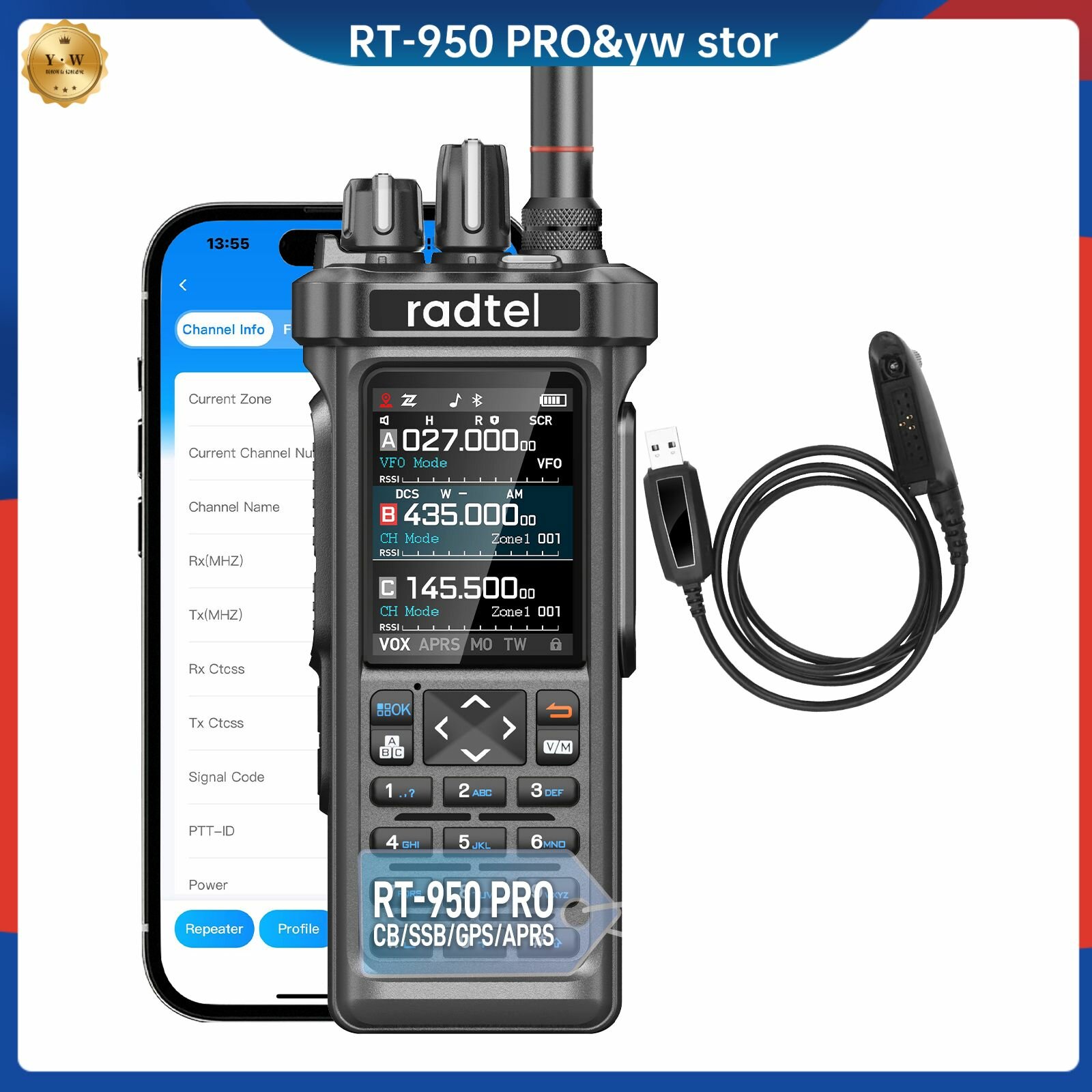 Радиостанция (рация) Radtel RT-950 PRO, 10 Вт, диапазон 27 МГц, с поддержкой GPS/APRS, Bluetooth, возможностью программирования через телефон, приёмником NOAA