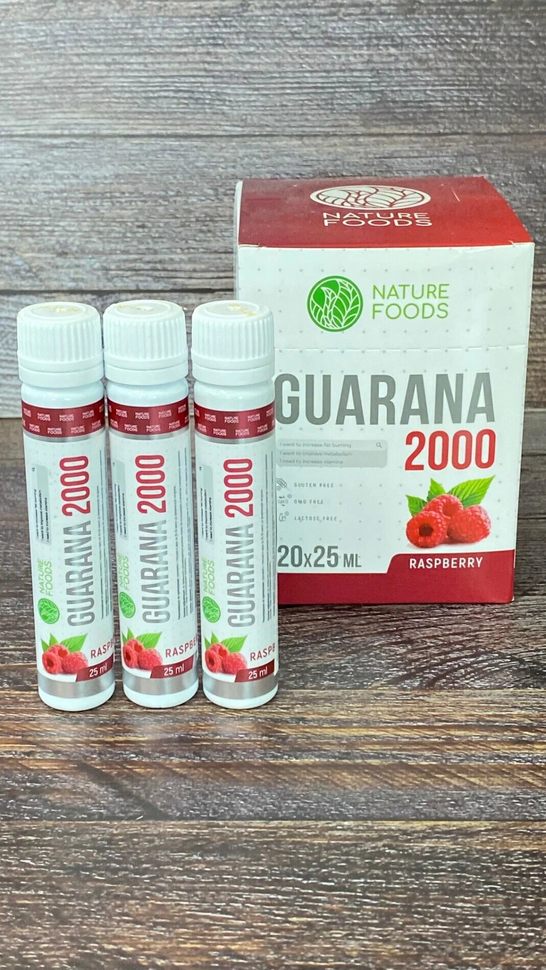 Энергетический напиток Nature Foods Guarana 2000 мг, 20 ампул в упаковке, вкус малина