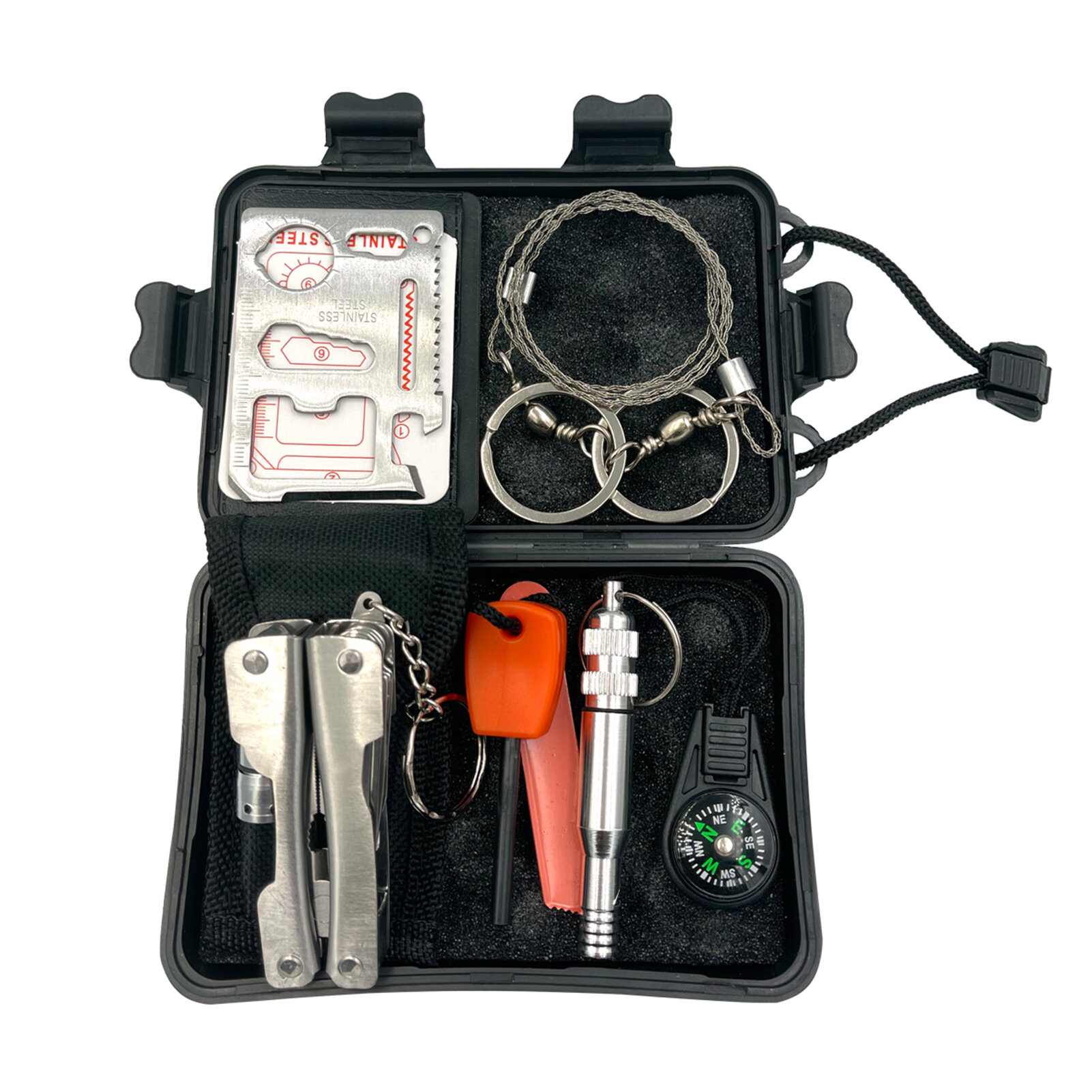 Набор аварийный 7 в 1 SOS для открытия воздуха с водонепроницаемой коробкой, снаряжение для выживания в походе, черный цвет, содержит стальной универсальный инструментальный кард, зажигалку, компас, нож для разрезания проволоки, сигнальный пищал,